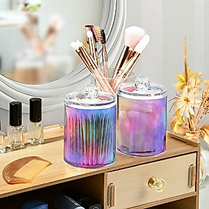 4 Pack Qtip Holder Dispenser Rainbow Tie Dye Iridescent Dharma Dye Cotton Ball Cotton Swab Cotton Round Pads Floss Clear Bathroom Storage Containers Plastic Apothecary Jars with Lids