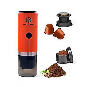 MELAMOR portable espresso maker PCM03 Self-Heating 20 bar pressure in orange color compatibility with NS Pods & ground coffee. Perfect for travel, camping and hiking