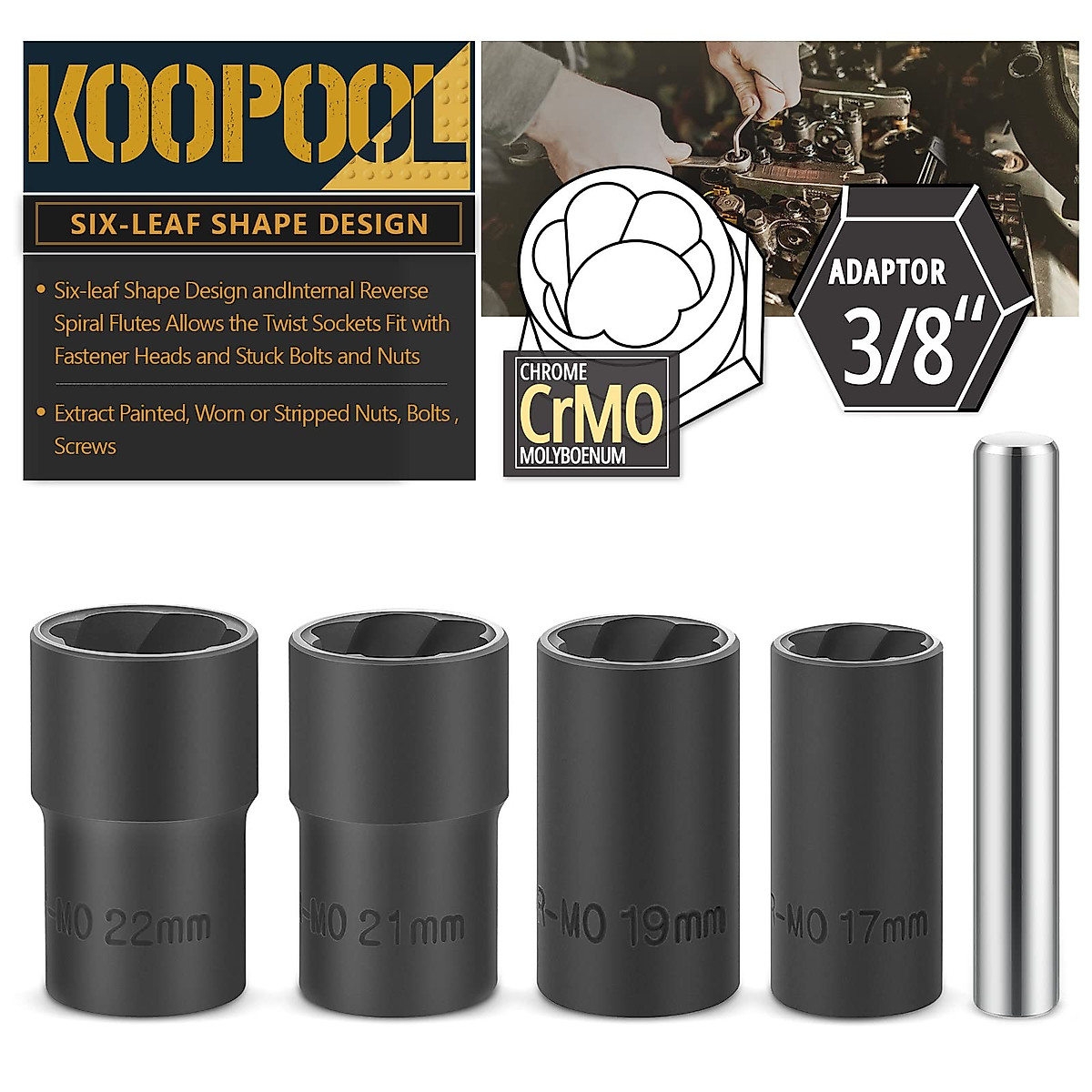 Twist Socket Set 5 Pcs Lug Nut Remover, Bolt Nut Extractor Set, Metric 17-22mm Wheel Lock Removal Kit with Drift Punch Nut Removal Bar