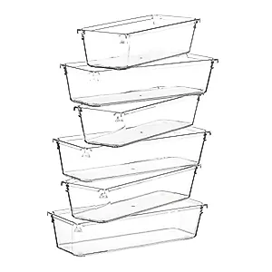 Clear Plastic Drawer Organizers Set, Organizer Trays for Kitchen Drawers Set of 6, Vanity Organizer for Bathroom, Makeup, Kitchen Utensils and Office, 9 x 3 x 2In