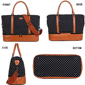 BAOSHA HB-28 Ladies Women Canvas Travel Weekender Bag Overnight Carry-on Duffel Tote Bag (Black Dot) 18 x 13 x 8 inch