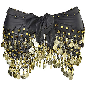 REINDEAR Vogue Style Chiffon Dangling Gold Coins Belly Dance Hip Scarf (Black)