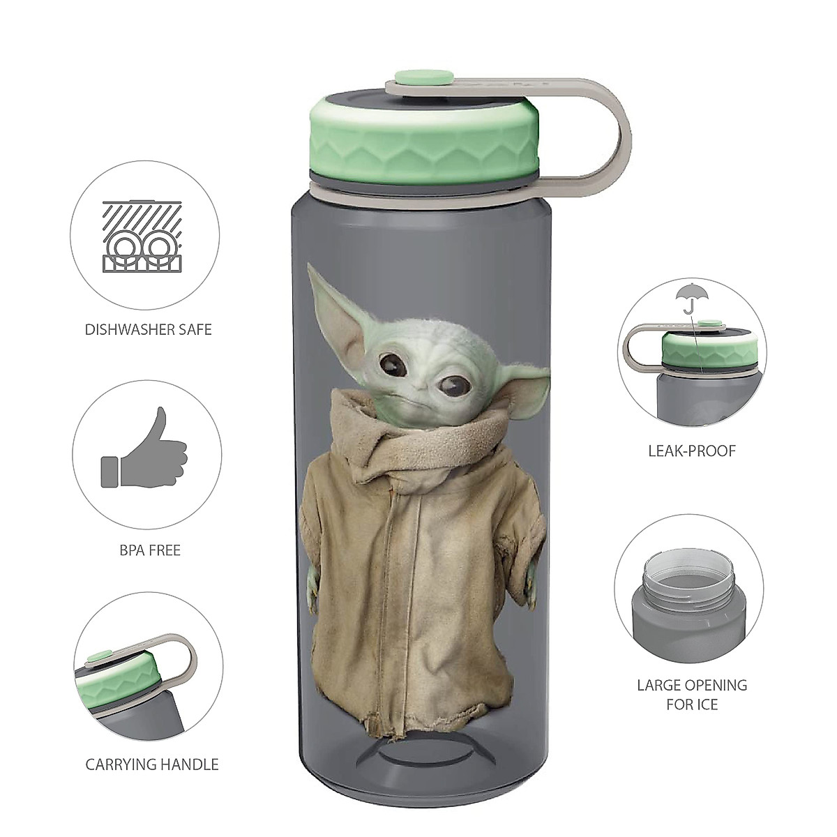 Zak Designs Star Wars The Mandalorian Durable Plastic Water Bottle - Rugged Sports Bottle with Carry Strap and Wide Chug Opening Includes Reusable Straw (36 oz, Grogu/Baby Yoda/The Child)