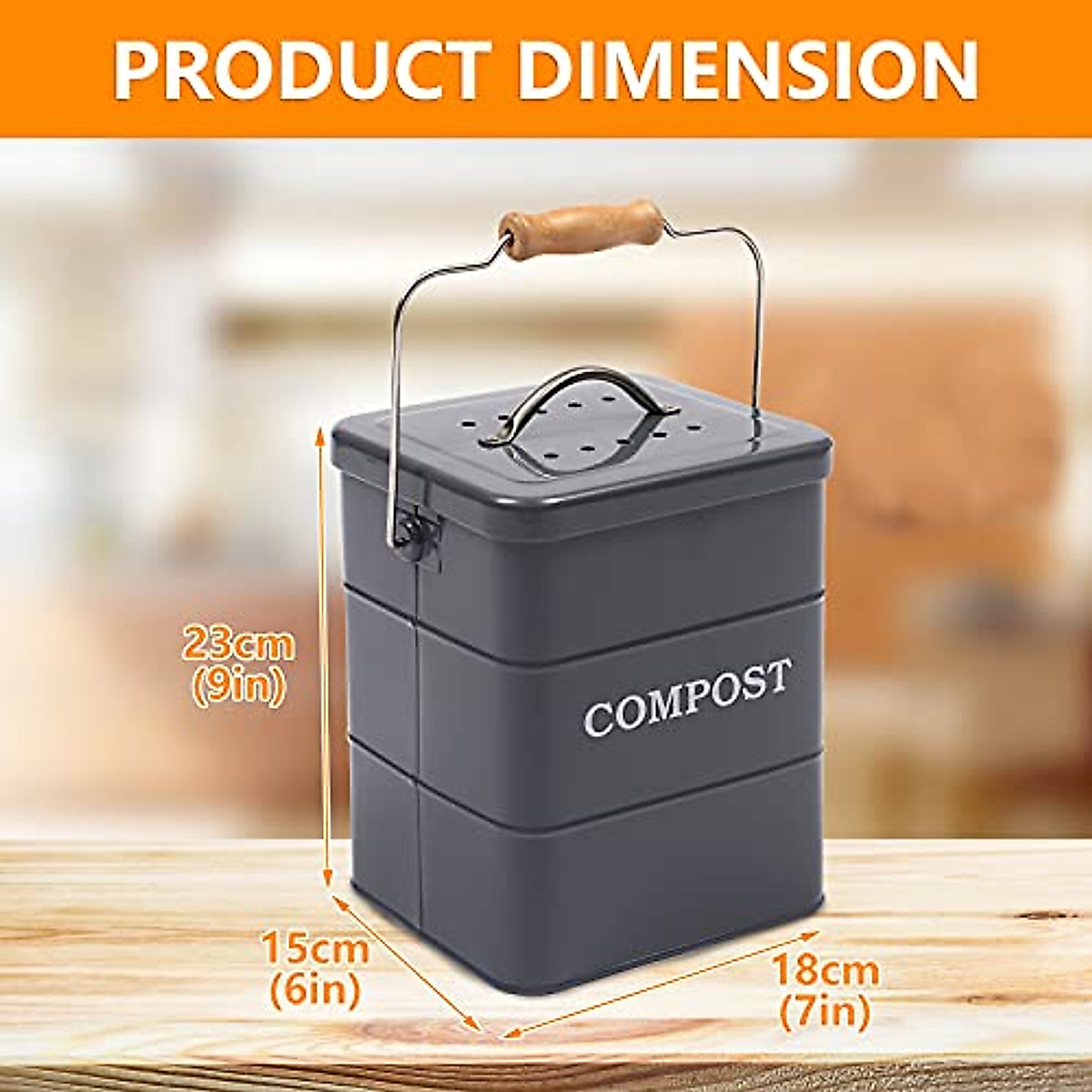 ayacatz Stainless Steel Compost Bin for Kitchen Countertop Compost Bin，1 Gallon, Kitchen Trash Can -Includes Charcoal Filter，Compost Bucket Kitchen Pail Compost with Lid-Gray