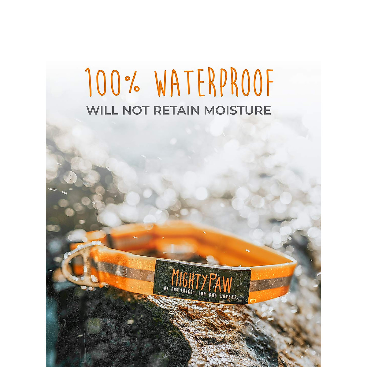 Mighty Paw Waterproof Dog Collar - Smell-Proof Active Gear - Reflective Stripe Coated Nylon Webbing - Dog Swim Collar - Smell Resistant Dog Collar - Dog Collar for All Dog Breeds - (Orange, Medium)