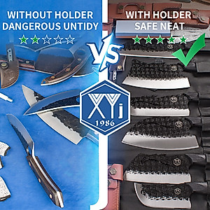 XYJ Authentic Since 1986,Vegetable Santoku Knives Set,Meat Butcher Knife With Holster,Roll Bag,Whetstone,Honing Steel,Kitchen Chef Knife,Camping Slice Knives,Full Tang,High Carbon Steel (Black)
