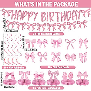 39PCS Pink Bow Birthday Party Decorations Set Girl Bow Banner Hanging Swirls and Honeycomb Centerpieces Pink Bow Banner for Girl Bachelorette Bridal Engagement Baby Shower Coquette Cute Party Supplies