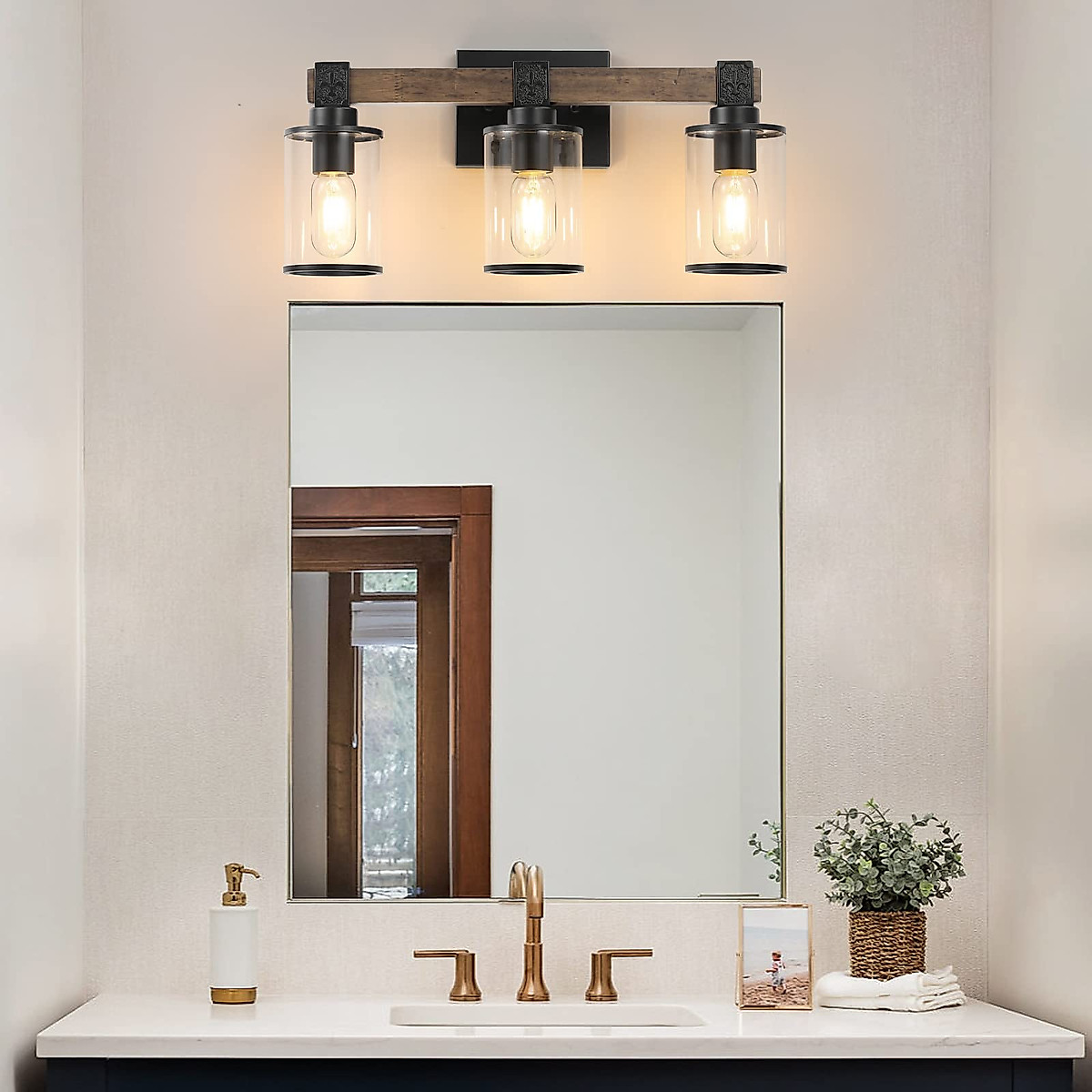 Elegant Wood Bathroom Vanity Light Over Mirror, 3 Lights Farmhouse Lights Fixtures, Rustic Wall Vanity Lighting Fixtures with Clear Glass Shade for Living Room, Bedroom, Hallway