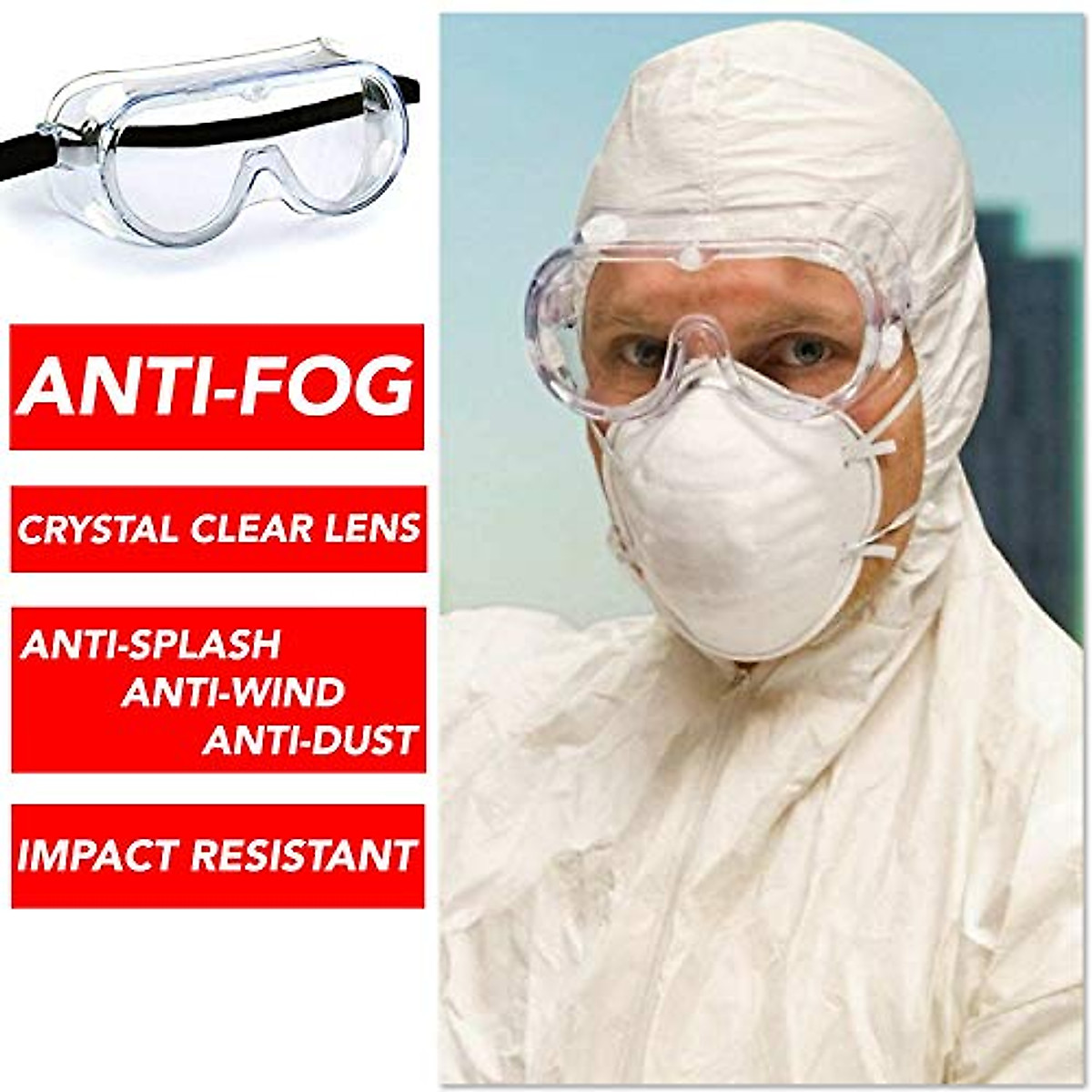 grinderPUNCH Protective Clear Safety Goggles with Vents, Lightweight and Adjustable Elastic Strap