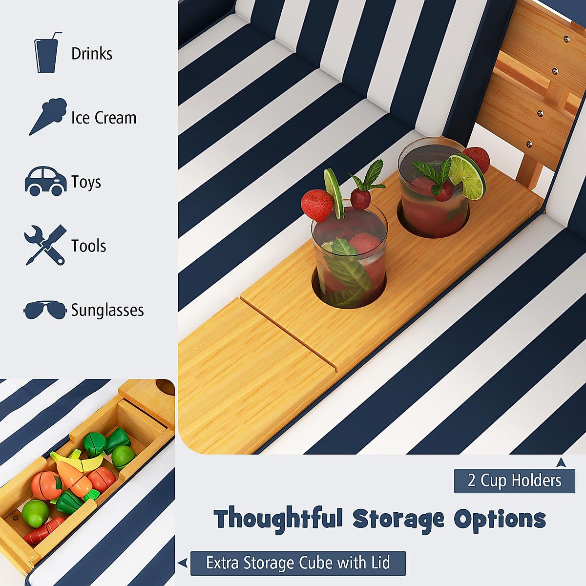 HONEY JOY Kids Chaise Lounge Chair Outdoor, Toddler Wood Double Pool Lounger Chairs w/Canopy, Cup Holders, Removable Stripped Fabric Cushions, 2-Person Kids Patio Furniture for Backyard (Navy Blue)