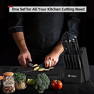 Stllab Knife Set with Cutting Board, 15 Pcs Kitchen Knife Set with Built-in Sharpener Block, Knife Set with 6 Steak Knives, Black