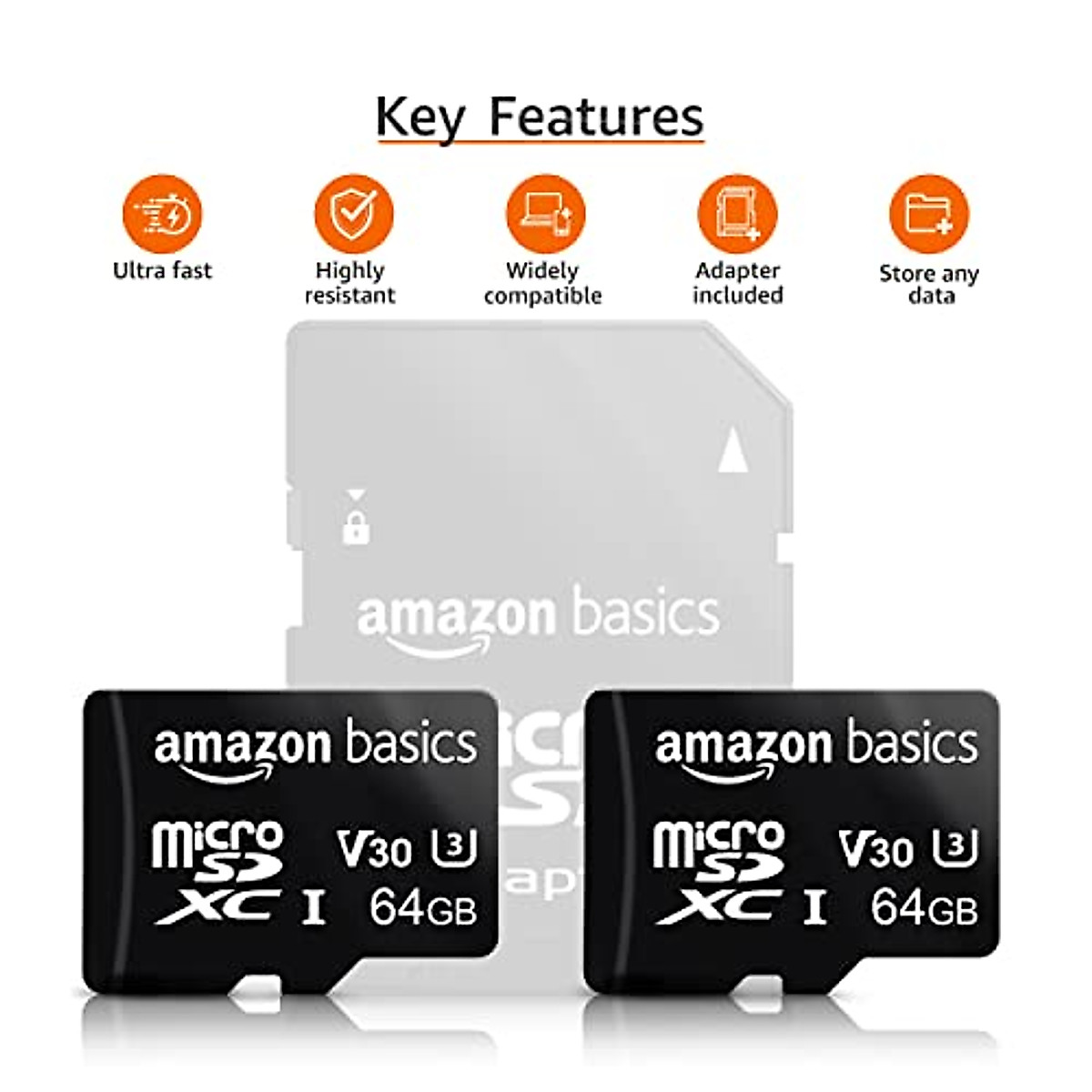 Amazon Basics microSDXC Memory Card with Full Size Adapter, A2, U3, Read Speed up to 100 MB/s, 64 GB - Pack of 2