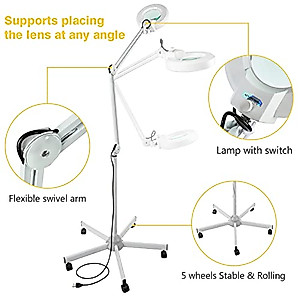 VARIPOWDER Magnifying Floor Lamp with 5 Wheels Rolling Base Magnifier with Bright LED Light Dimmable Light Mag Lamp for Estheticians -1500 Lumens for Lash Extensions Facials Cross Stitch Crafts