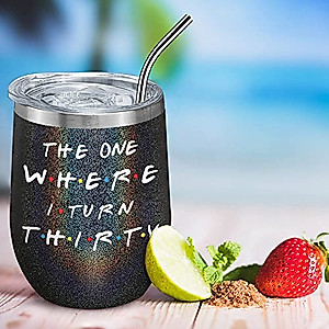 30th Birthday Decorations For Women 30th Birthday Gifts For Her 12oz Wine Tumbler Happy 30 Year Old Bday Presents for 1993 Woman Bestie Friend Sister Black Wine Cup With Turn Thirty Keychain