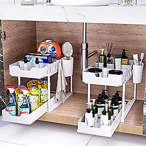 Puricon 2 Pack Under Sink Organizers and Storage 2-Tier Double Sliding Pull-Out Drawer, Under The Sink Organizer Kitchen Multi-Purpose Under Bathroom Sink Shelf Storage Rack for Cabinet -White
