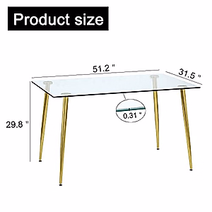 Henf Rectangular Glass Dining Table for 4-6 Persons, 0.31" Thick Tempered Glass Tabletop and Plating Metal Legs, Glass Writing Table Desk, 51 Inch Dining Table for Kitchen Living Room (Gold)