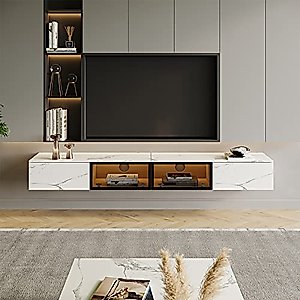 86" Modern Wall-mounted Entertainment Center, Floating TV Stand with 2 Storage Cabinet and 2 Drawers White Sintered Stone TV Console with Motion Sensor LED, Fully-assembled, for Living Room Bedroom
