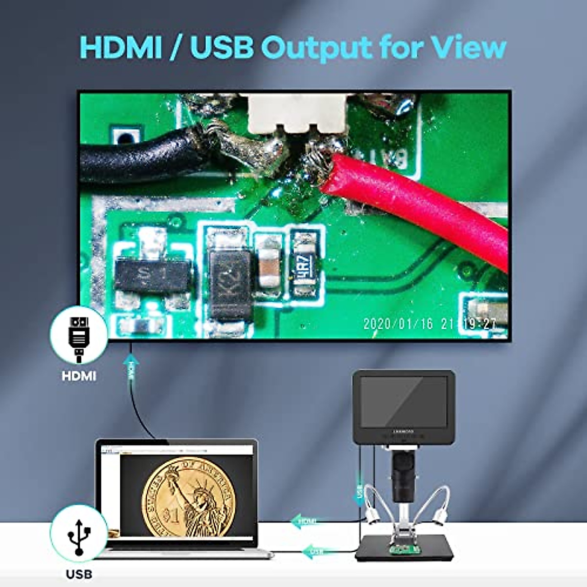 3 Lens 7 inch HDMI Digital Microscope 2000X for Soldering with 13'' Arm Boom Stand LINKMICRO LM246MS UHD 2160P Error Coin Microscope Full View of Coins, Microscope Kit for Adults, PCB Repair DIY