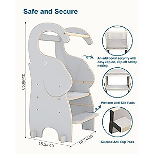 PP OPOUNT Toddler Kitchen Stool, 3-Level Adjustable Toddler Tower, Wood Step Stools for Kids with Safety Protective Net and Non-Slip Mat, Elephant Style, Solid Wood Gray