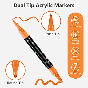 24 Colors Dual Tip Acrylic Paint Marker Pens Set, Multifunctional Acrylic Tips with Laser Pen Body, Professional Acrylic Paint Pens for Wood, Canvas, Rock Painting, Glass, DIY Crafts Art Supplies