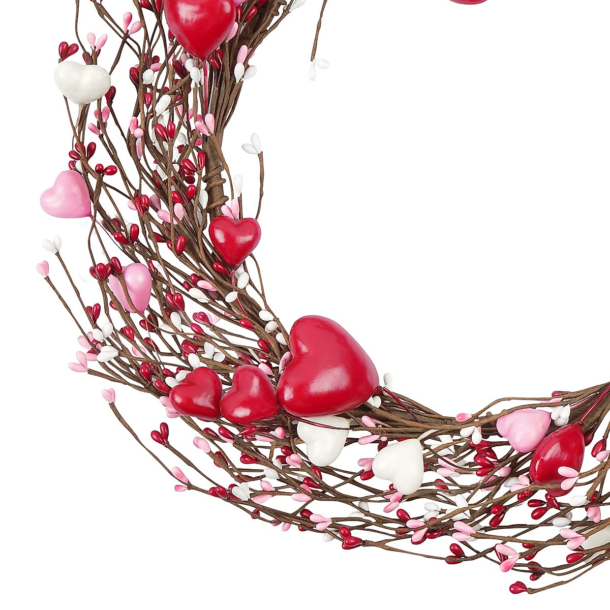 Mothers Day Decorations - 18'' Front Door Wreath, Heart Shaped Wreath Red Pip Berry Rustic Twig Wooden Sign Anniversary Wedding Home Office Wall Decorations (Red)