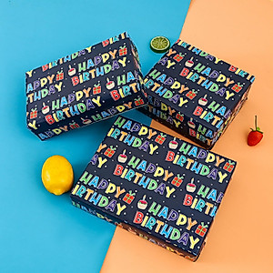 BULKYTREE Birthday Wrapping Paper with Cut Lines for Boys Girls Kids Men Women Holiday Birthday Theme Party - 3 Large Sheets Colorful Cake Happy Birthday Gift Wrap - 27 Inch X 39.4 Inch Per