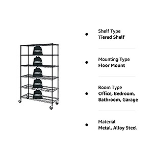 HCY 6-Tier Storage Shelf Heavy Duty Storage Shelving Unit NSF Height Adjustable Metal Storage Rack with Wheels for Laundry Bathroom Kitchen Garage Pantry Organization-18inx48inx76in (Black)