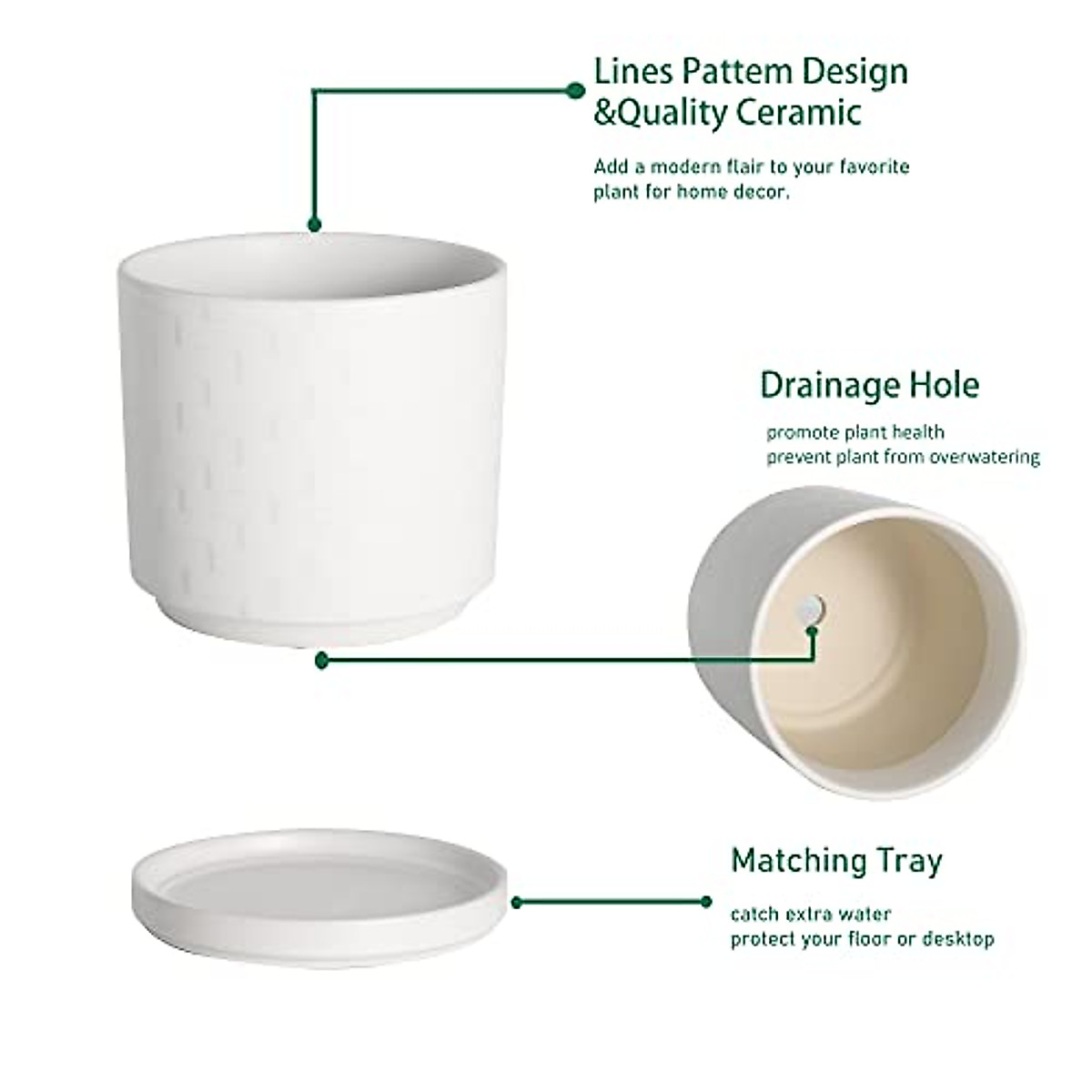 Tagobar Planter Plant Pot - 6 Inch Indoor Pots for Plant Lines Pattern Ceramic White Flower Pot with Drainage Holes & Tray (Plant Not Incolued)