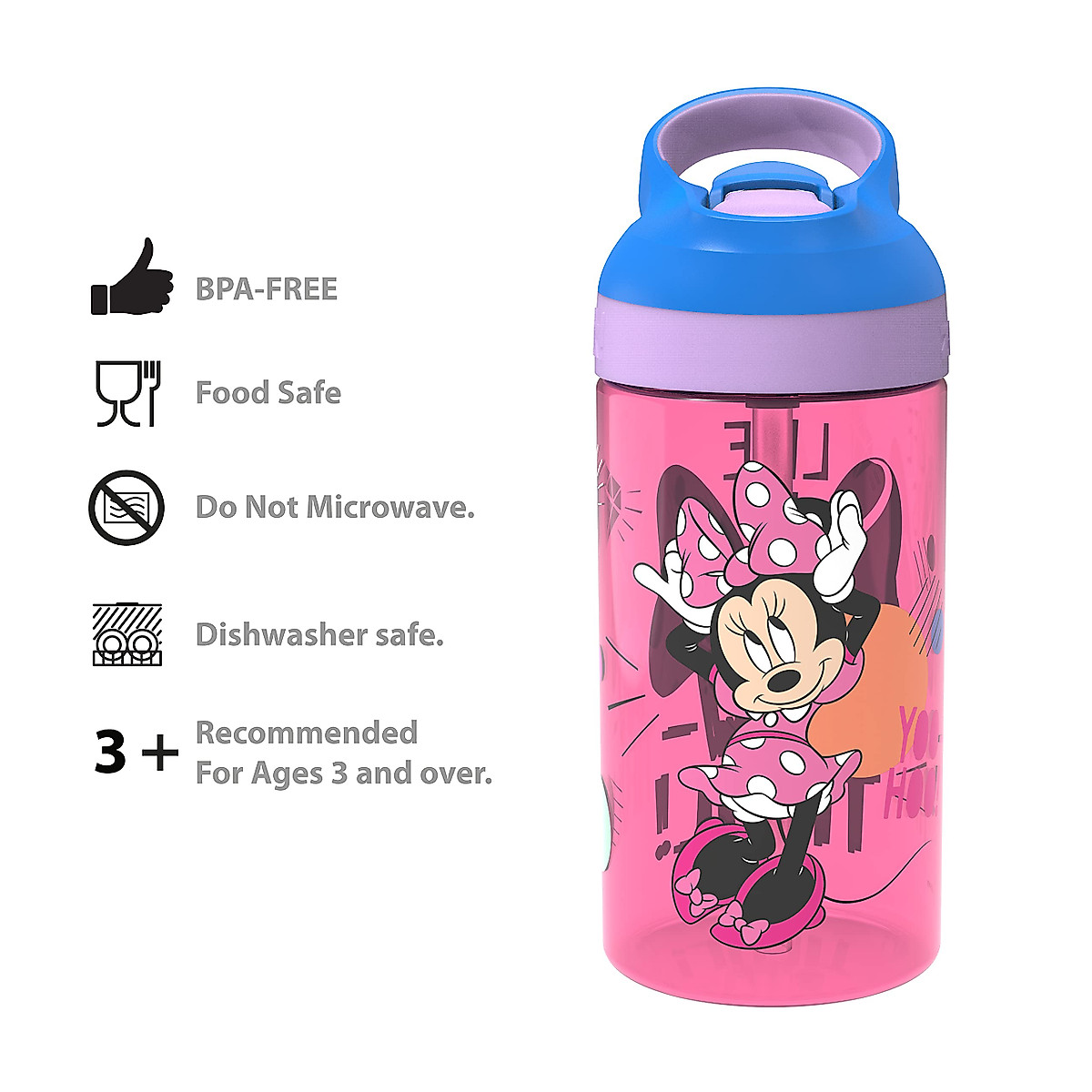 zak! 5-Piece Dinnerware Set, Disney Minnie Mouse - Durable Plastic & Stainless Steel - Includes Water Bottle, 8-Inch Plate, 6-Inch Bowl, Fork & Spoon - Suitable for Kids Ages 3+