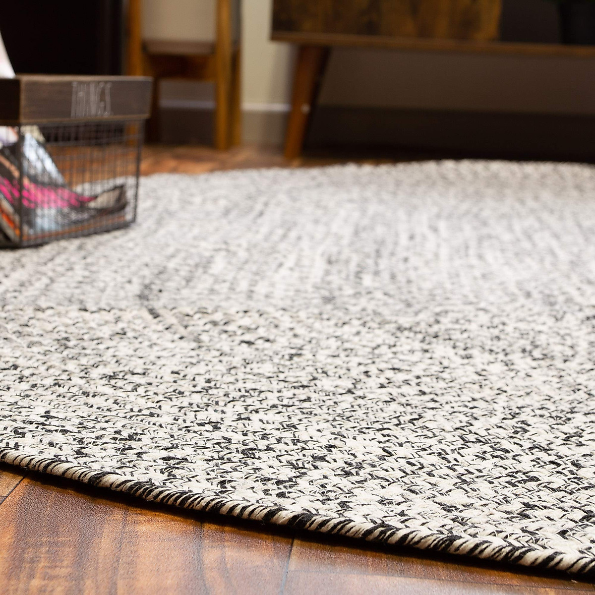 Super Area Rugs Farmhouse Braided Rug Cotton Kitchen Reversible Carpet, Black & White, 4' X 6' Oval