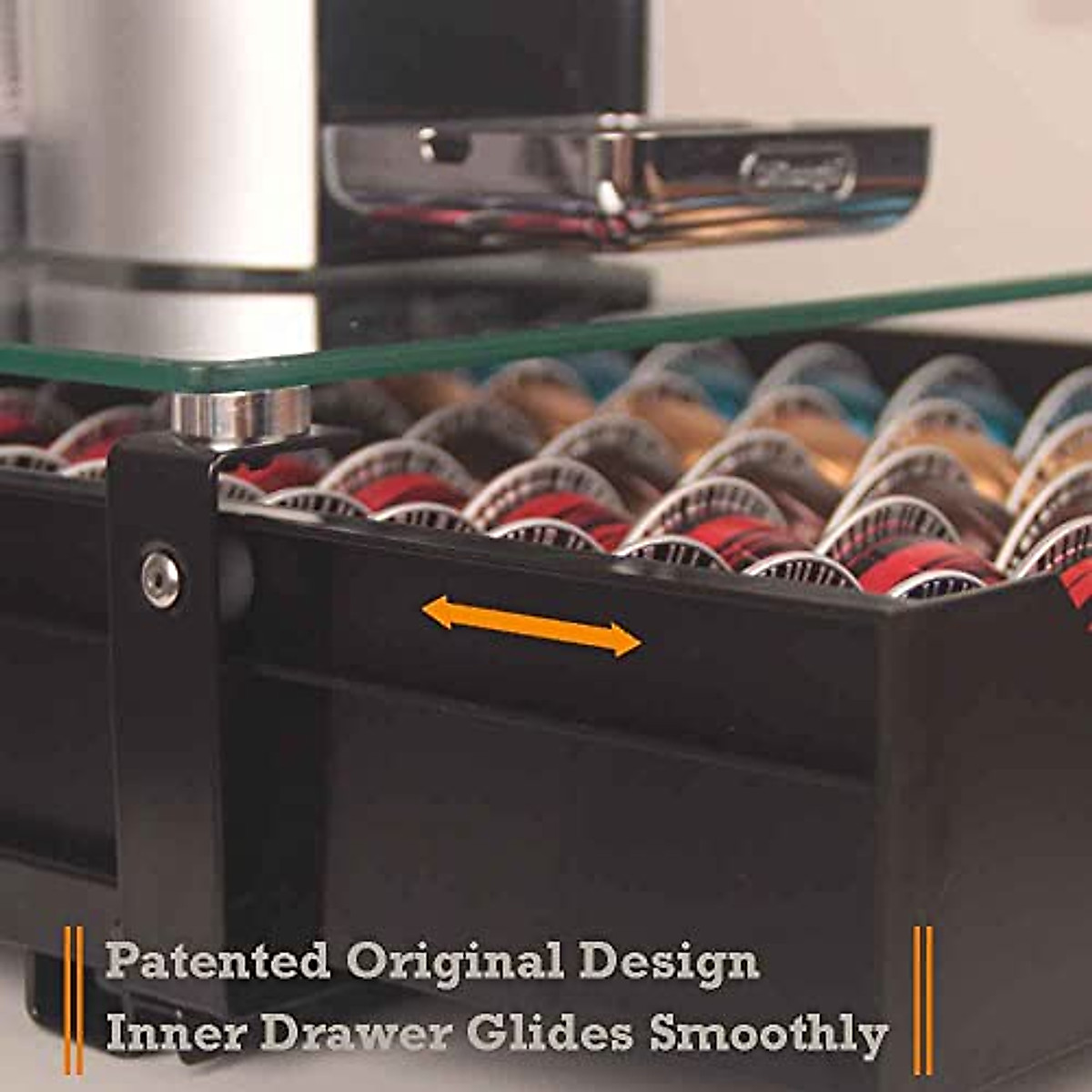 BLACKSMITH FAMILY Patented Crystal Tempered Glass Vertuo Pods Drawer Holder with Smooth Gliding System, Compatible for 50 Nespresso Big Vertuo Pods or 75 Small Pods, Black