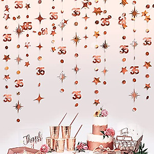 Rose Gold 35th Birthday Decorations Number 35 Circle Dot Twinkle Star Garland Metallic Hanging Streamer Bunting Banner Backdrop for Womens Thirty Five Year Old Birthday 35th Anniversary Party Supplies