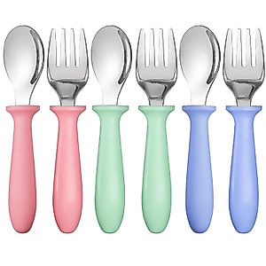 Pimoys 6 Pieces Toddler Utensils,Toddler Forks and Spoons,Kids Silverware Set with Plastic Handle Stainless Steel Toddler Silverware,Dishwasher Safe
