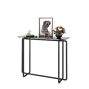 YISH W24181016 Console Modern Minimalist Porch Black Leg, Double Tempered Tea Rectangular, Glass Sofa Table for Entryway Living Room Bedroom Metal Frame