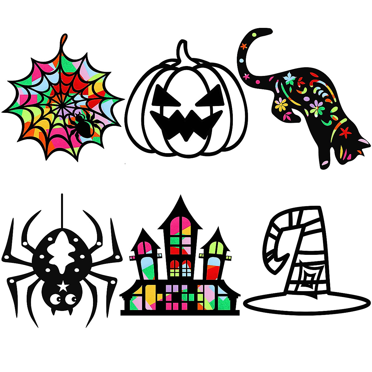 Outus 12 Pieces Halloween Stained Glass Effect Paper Double-Sided Black Suncatcher Kit Pumpkin Suncatchers Craft with 30 Pieces Colored Paper for Window Classroom Art Craft Party Favors, 6 Styles