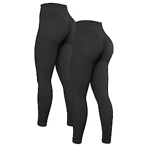 OQQ Women's 2 Piece High Waist Yoga Legging Butt Lifting Tummy Control Ruched Booty Smile Workout Pant, Black,black, Medium
