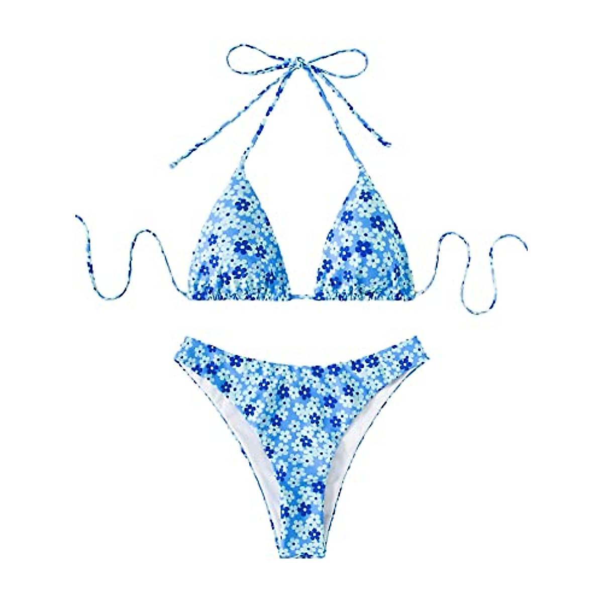 SOLY HUX Women's Floral Print Halter Triangle Tie Side Bikini Bathing Suits 2 Piece Swimsuits Ditsy Floral Blue S