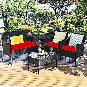 Tangkula 4 Piece Patio Furniture Set, Outdoor Wicker Conversation Set with Tempered Glass Coffee Table, Rattan Loveseat & Chairs Set with Seat Cushions for Backyard, Garden, Poolside (1, Red)