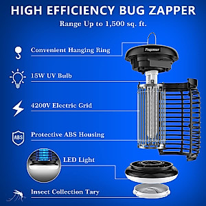 Pzqzmar Bug Zapper Outdoor with LED Light, Waterproof Mosquito Zapper, Electric Fly Zapper, Mosquito Killer & Fly Traps for Outside, Patio, Porch, Backyard, Garden