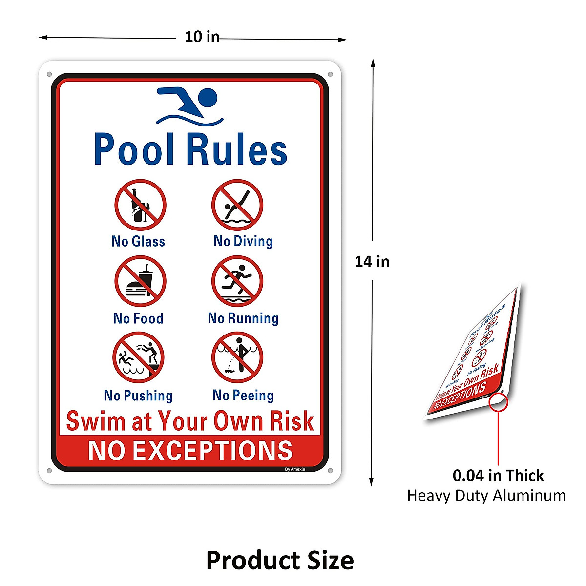 Pool Rules Signs No Diving No Glass Sign, No Food No Pushing No Running No Peeing in Pool Swim at Your Own Risk Signs, 14 x 10 Inches Rust Free Rust Free Aluminum, Easy Mounting (1 Pack )