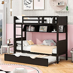 HBRR Twin Over Twin Bunk Bed with Trundle and Bookshelf, Wooden Separable BunkBed Frame for Kids Teens Adults, No Box Spring Needed, Espresso