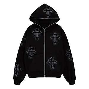 NECHARIY2K Cross Rhinestone Hoodie Women's Full Zip Up Over Face vintage Jacket Pullover Aesthetics Oversized Sweatshirt