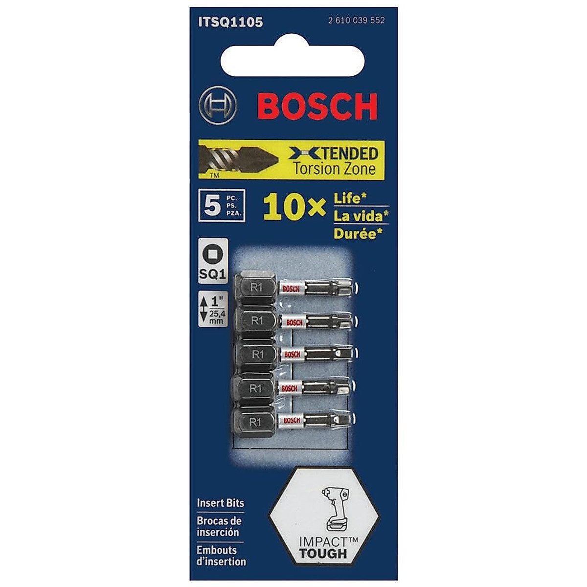 BOSCH ITSQ1105 5-Pack 1 In. Square #1 Impact Tough Screwdriving Insert Bits