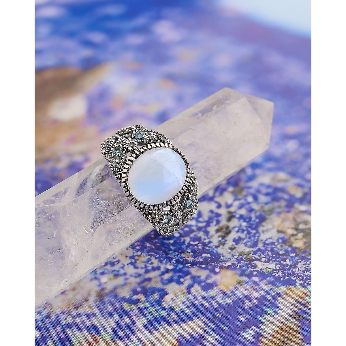 YoTreasure Rainbow Moonstone Swiss Blue Topaz 925 Sterling Silver Designer Ring Jewelry