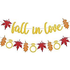 Fall in Love Banner - Fall Bridal Shower Decor, Autumn Maple Leaves Ring Theme Bridal Wedding Party Decorations Gold Glitter