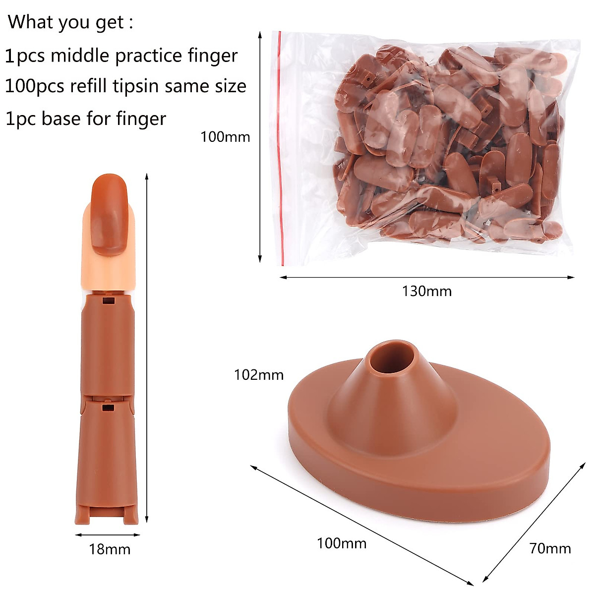 Nail Practice Fingers for Acrylic Nails-Flexible Nail Art Training Manicure Fingers Set for Hands, 1PCS Fake Finger to Practice Fake Nails with Base Stand and 100PCS Nail Tips