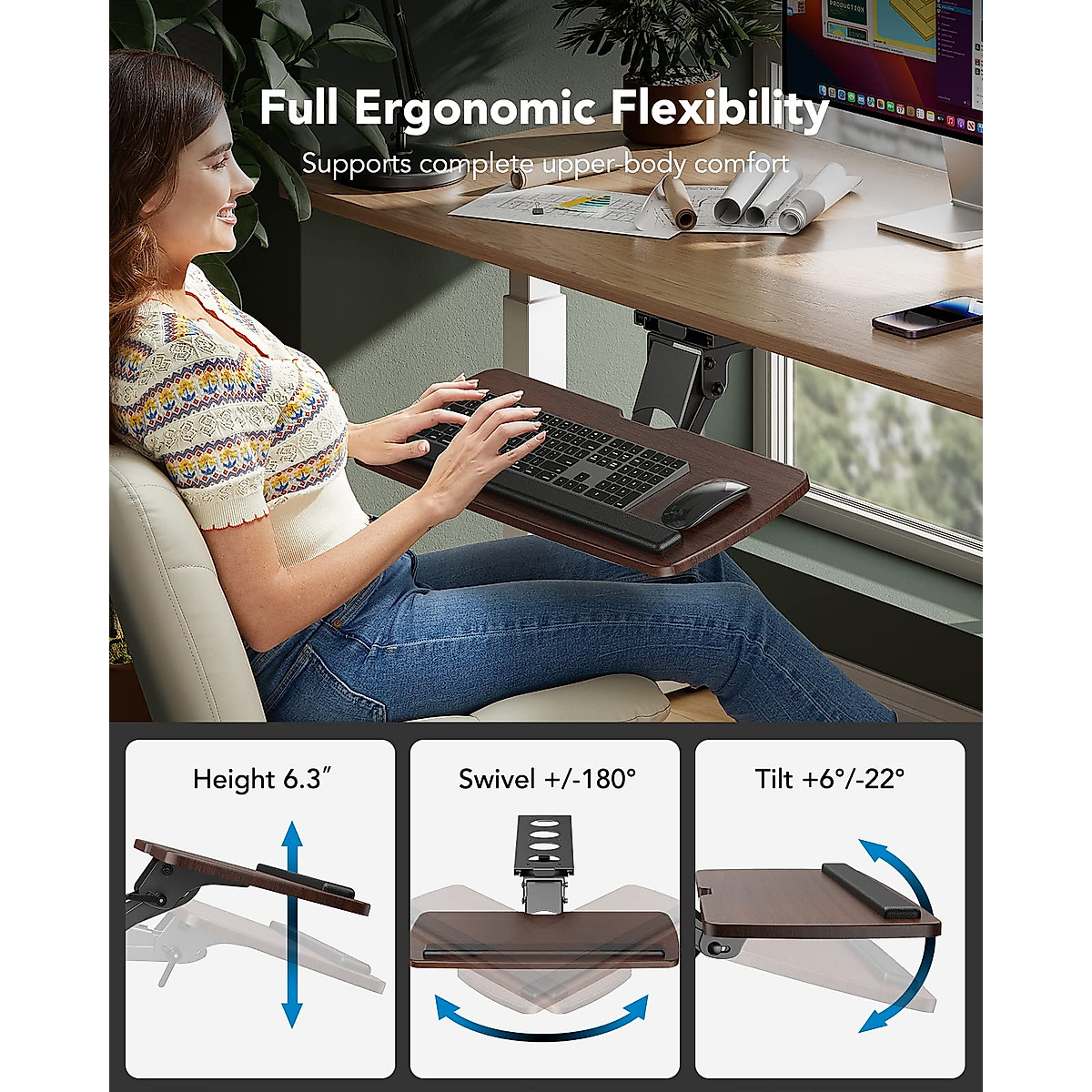 HUANUO Keyboard Tray Under Desk，360 Adjustable Ergonomic Sliding Keyboard & Mouse Tray, 25" W x 9.8" D, Brown