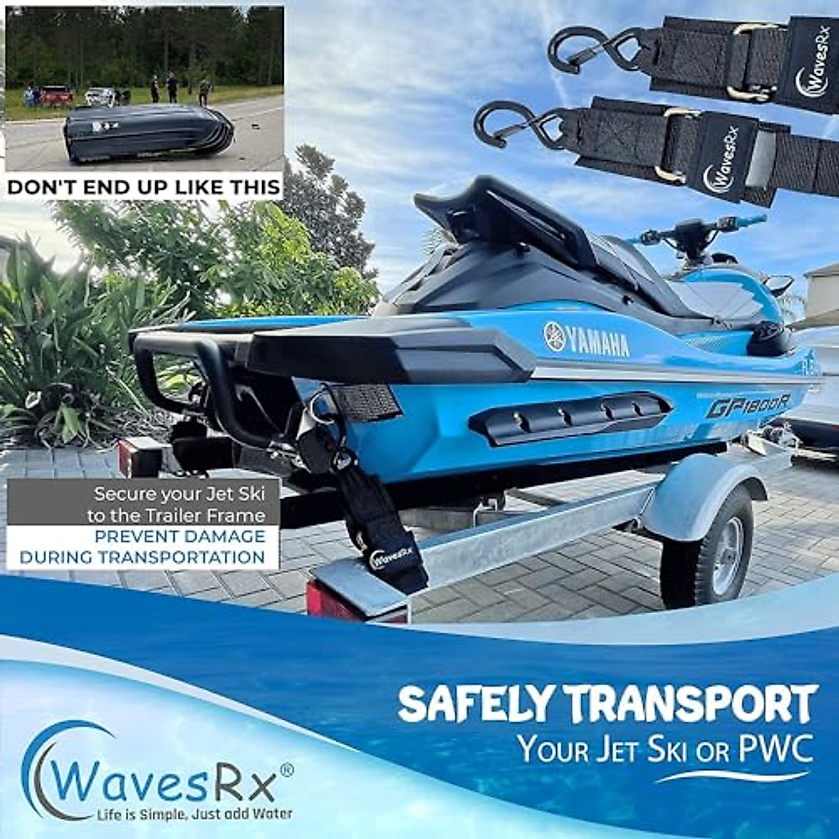 WavesRx Jet Ski & PWC Trailer Transom Straps (2PK) | 24" Marine Tie Downs Adjustable Safety Straps | Outperforms Ratcheting and Retractable Straps | JetSki Accessories for Safe & Secure Transportation