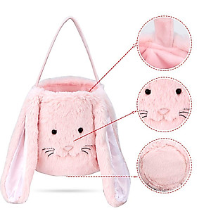 Easter Egg Hunting Basket,Plush Easter Bunny Basket,Long Ear Easter Buckets,Bunny Rabbit Easter Tote Bags for Easter Decorations Candy Gifts Storage(Pink)
