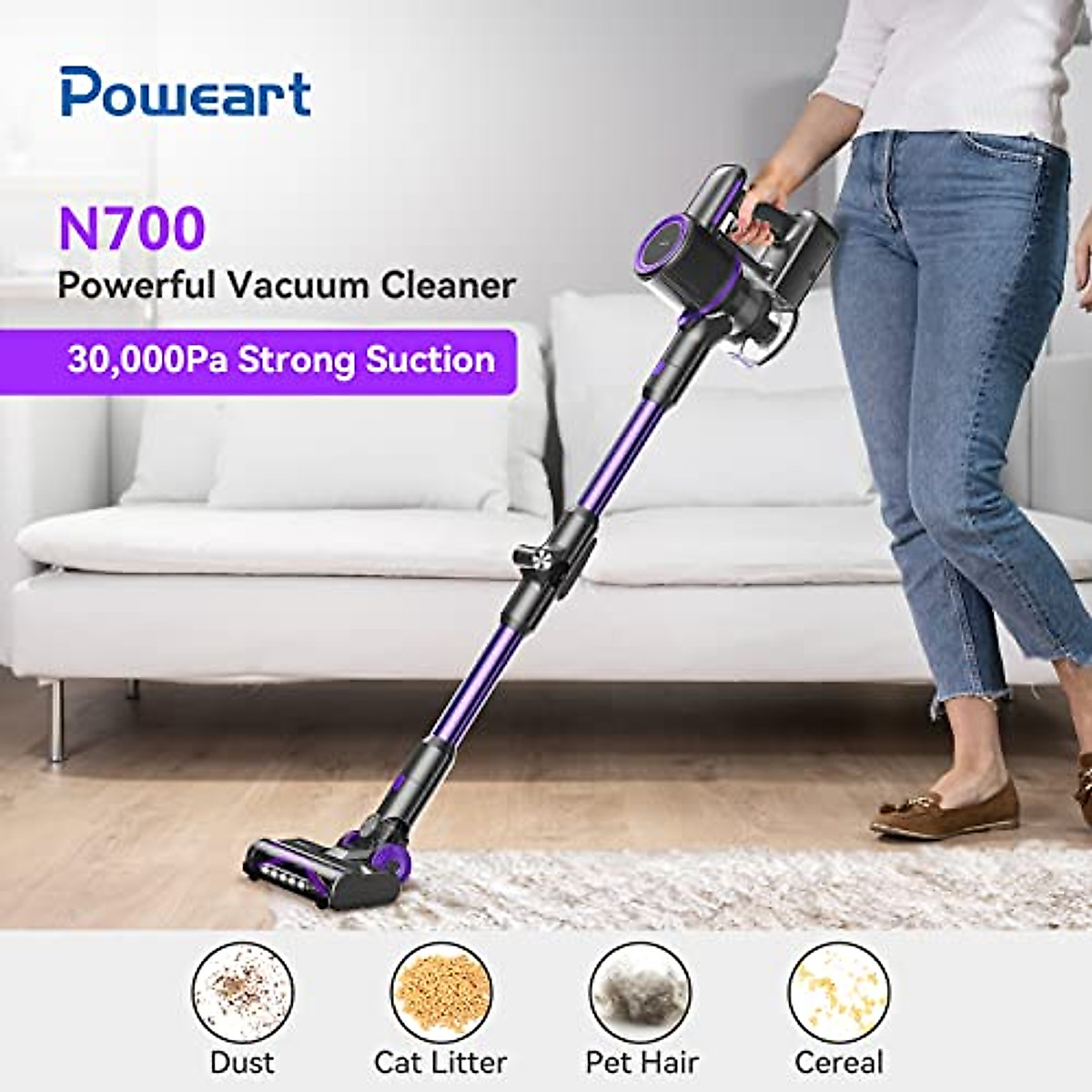 POWEART Cordless Vacuum Cleaner, 8-in-1 Cordless Stick Vacuum 30Kpa Powerful Suction, 8-Cell 2600mAh Battery 350W Rechargeable Vacuum Cleaner Cordless for Hard Floor Carpet Pet Hair - Purple